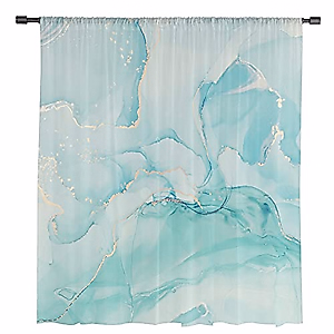 Chiffon Sheer Curtains & Drapes 63 Inch Long, Lightweight Breathable Voile Window Curtain Panels Turquoise Green Marble with Gold Glitter Splatter Curtains Backdrop Drapes for Livingroom Wedding