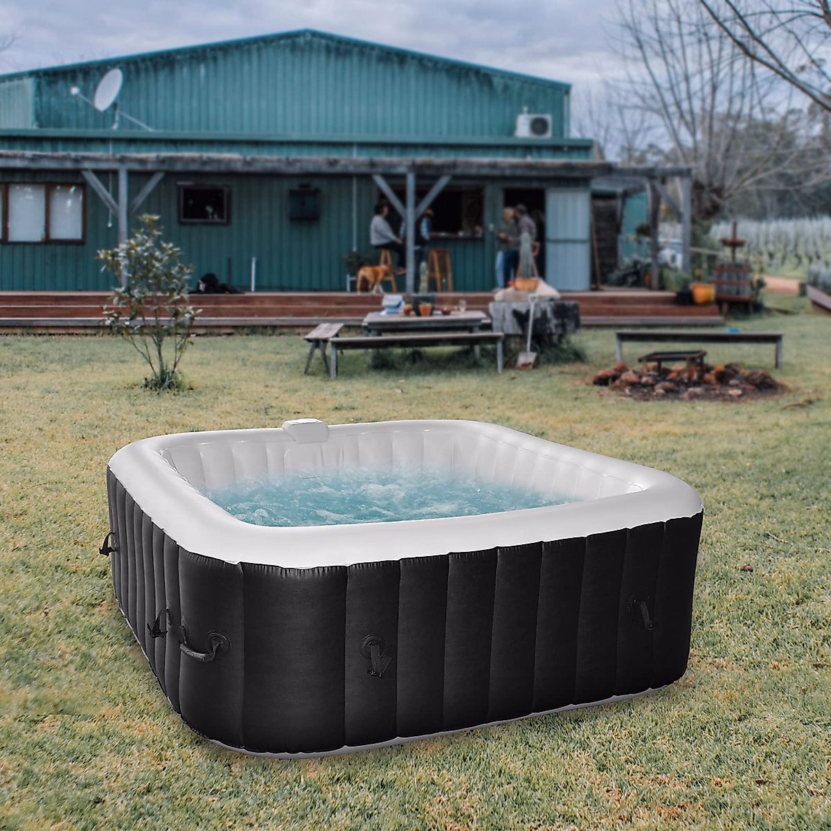 #WEJOY AquaSpa Portable Hot Tub 72X72X26 Inch Air Jet Spa 4-5 Person Inflatable Square Outdoor Heated Hot Tub Spa with 130 Bubble Jets, Black/White