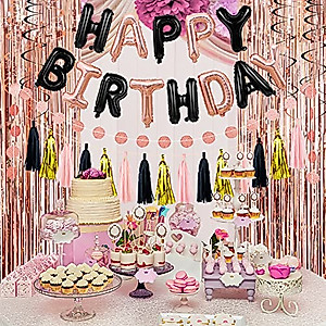 Black Rose Gold Birthday Decorations for Women Girl, Happy Birthday Party Decorations Supplies with Happy Birthday Banner, Table Runner for 1st 16th 21st 30th 40th 50th Girls Supplies