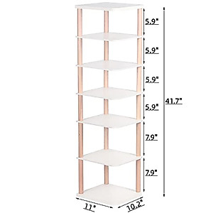 LUCKNOCK 7 Tiers Vertical Shoe Rack, Narrow Shoe Organizer, Stylish Wooden Shoe Storage Stand, Space Saving Shoe Shelf, Shoe Tower, Free Standing Shoe Racks for Entryway, No-Tool Assembly, White.