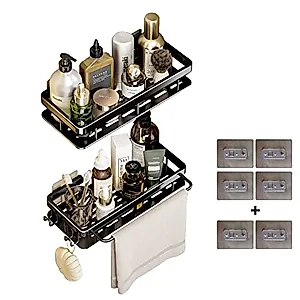 YSTDHL Shower Caddy, 2 Pack Adhesive Shower Organizer, Rustproof Wall-Mounted Shower Shelves With Hooks, Towel Bar, Large Capacity Shower Rack, Bathroom Storage Accessories