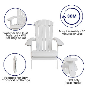 Flash Furniture Charlestown Folding Adirondack Chair - White - Poly Resin - Indoor/Outdoor - Weather Resistant - Set of 2