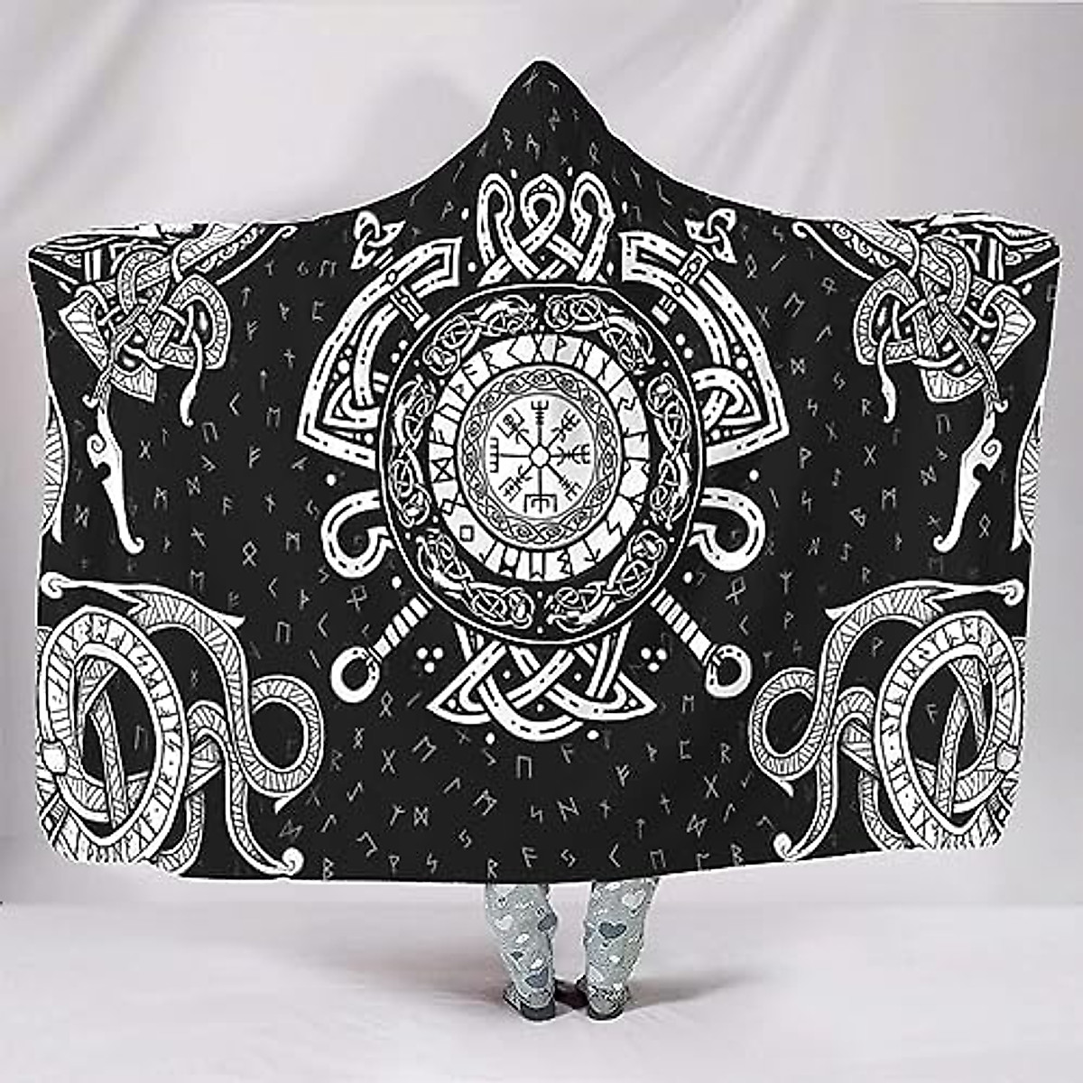 BURNAR Medieval 3D Printing Hooded Blanket Warm Shield Ax Vegvisir Thor's Hammer Unisex Winter Wearable Hooded Blanket Double Thick Plush Wool Blanket Cloak (Color : C, Size : 50x60in/130x150cm)