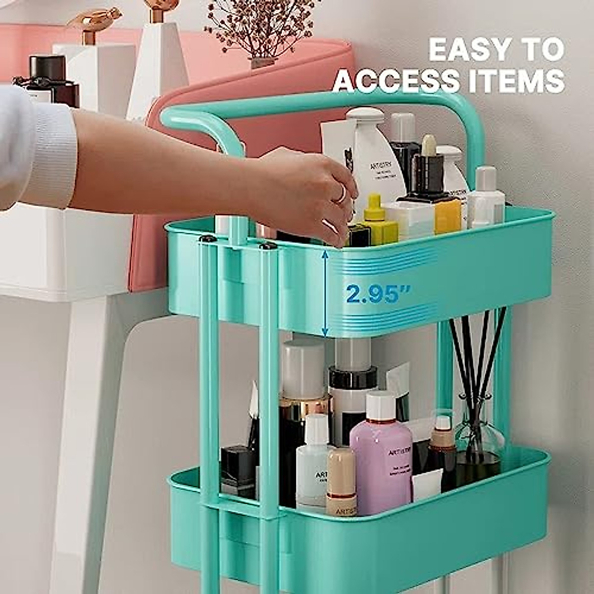 3 Tier Rolling Cart Organizer with Wheels, ADA Compliant, Metal Construction, Assembly Required, Spacious Storage Capacity, Lockable Casters, Hollow Carved Basket Design, 33.8'' H x 16.5'' W (Blue)