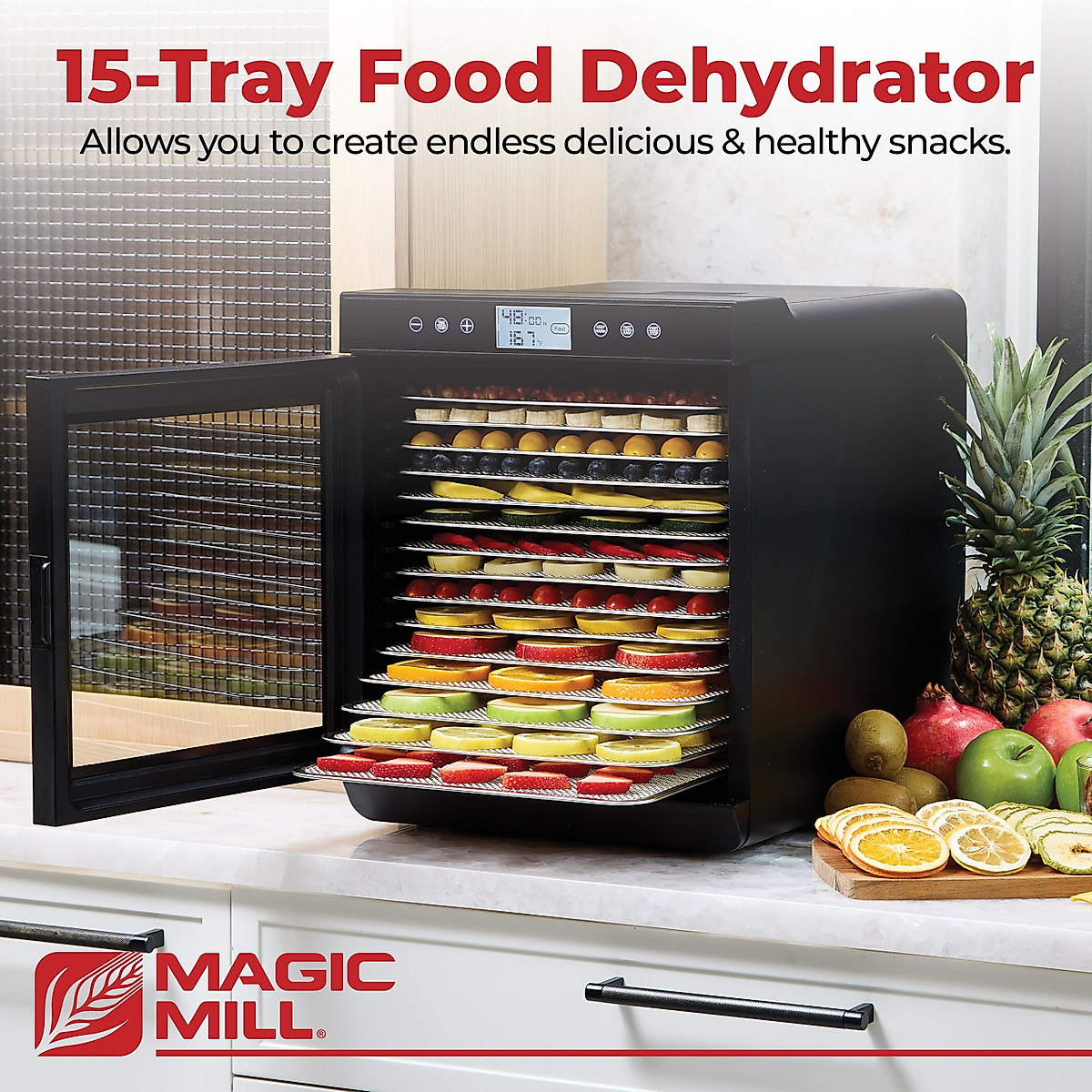 Magic Mill Food Dehydrator Machine (10 Stainless Steel Trays) Digital Adjustable Timer | Temperature Control | Keep Warm Function | Dryer for Jerky, Herb, Meat, Beef, Fruit and To Dry Vegetables