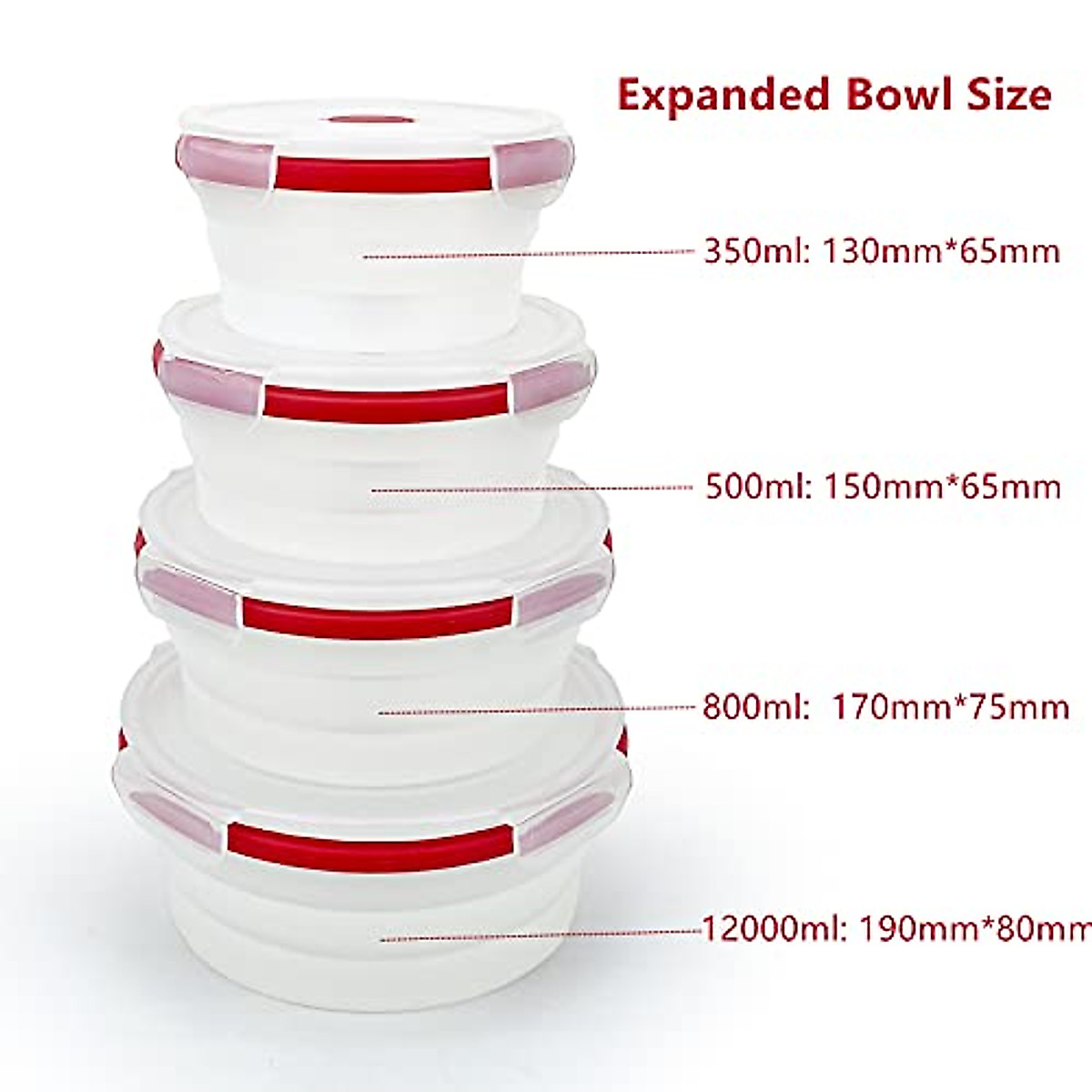 CARTINTS Reusable Collapsible Bowls for Camping, Silicone Food Grade Storage Containers, Silicone Lunch Containers for Microwave, Freeze or Store, Leakproof, Set of 4,Red