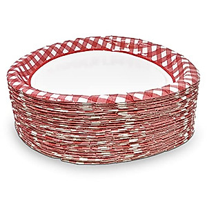 50 Gingham Oval Plates Paper 10" x 12" Summer Picnic BBQ Party Supplies Red and White Checkered Gingham Large Disposable Platter for Barbecue Burger Cookout Serving Tray Baby Shower Birthday Tableware