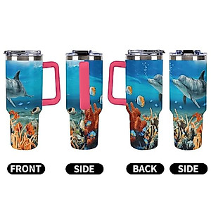 LLUTSNTH 40 Oz Vacuum Tumbler with Light Rose Red Handle Leakproof Insulated Tumbler Dolphins Blue Stainless Steel Travel Mug with Lid And Straw Coffee Cup Cute Water Bottles Cup Holder Friendly