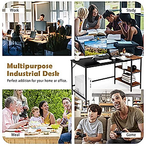 COSTWAY 55” Computer Desk, PC Laptop Desk with Storage Shelves, Large Computer Desk with Splice Board, Adjustable Foot Pads, Industrial Home Office Desk for Writing, Study, Game (Black)