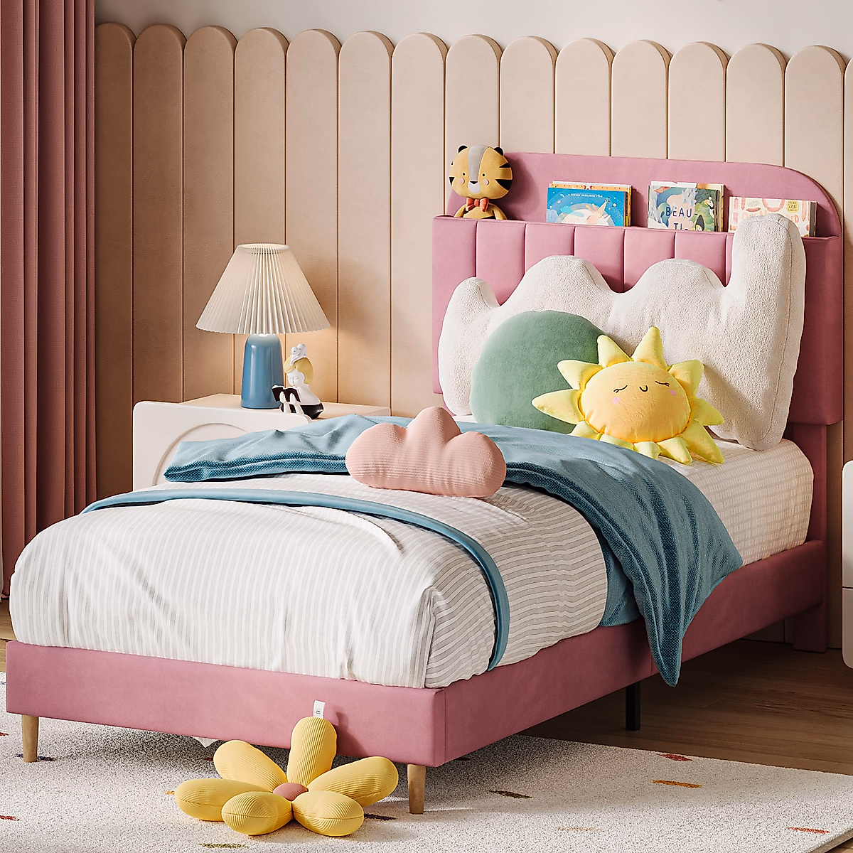 IDEALHOUSE Twin Bed Frames, Upholstered Platform Bed Frame with Bookcase Headboard, Velvet Platform Bed Mattress Foundation, Heavy Duty Steel Support Legs, Easy Assembly, Noise Free, Dark Pink