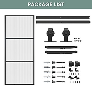 JUBEST Glass Barn Door 42in x 84in, Reeded Glass Carbon Steel Pre-Drilled Frame Sliding Barn Door Panel with 7FT Hardware Kit and Soft Close