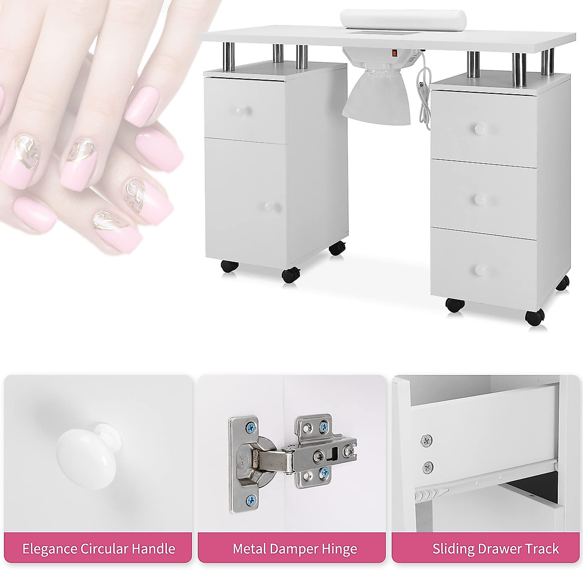 OmySalon Manicure Table Nail Desk for Nail Tech, Nail Table Station w/Electric Dust Collector, Nail Makeup Storage for Beauty Salon Acetone Resistant w/Lockable Wheels,Wrist Cushion,Drawers & Cabinet