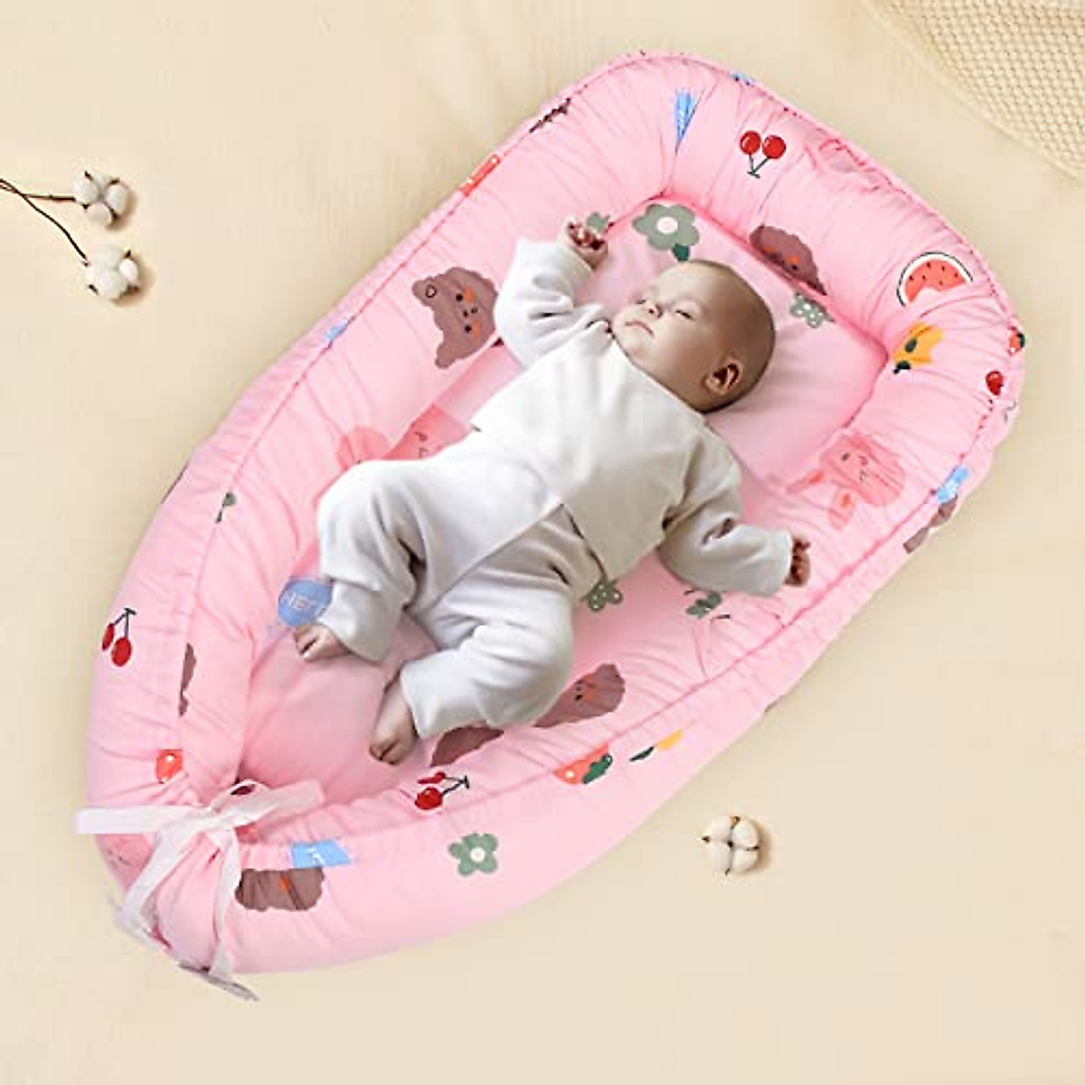 CUAIBB Baby Lounger for Newborn, Baby Pillow Lounger 0-24 Months, Baby Nest Sleeper Newborn Lounger, Breathable Sleeping Bed for Newborn Boys and Girls (A - Pink)