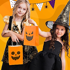 NiHome 16-Pack Halloween Pumpkin Kraft Paper Treat Bags with Handles - Assorted Jack-o'-lantern Designs for Trick or Treat, Party Favors, Candy, Cookies, and Gifts