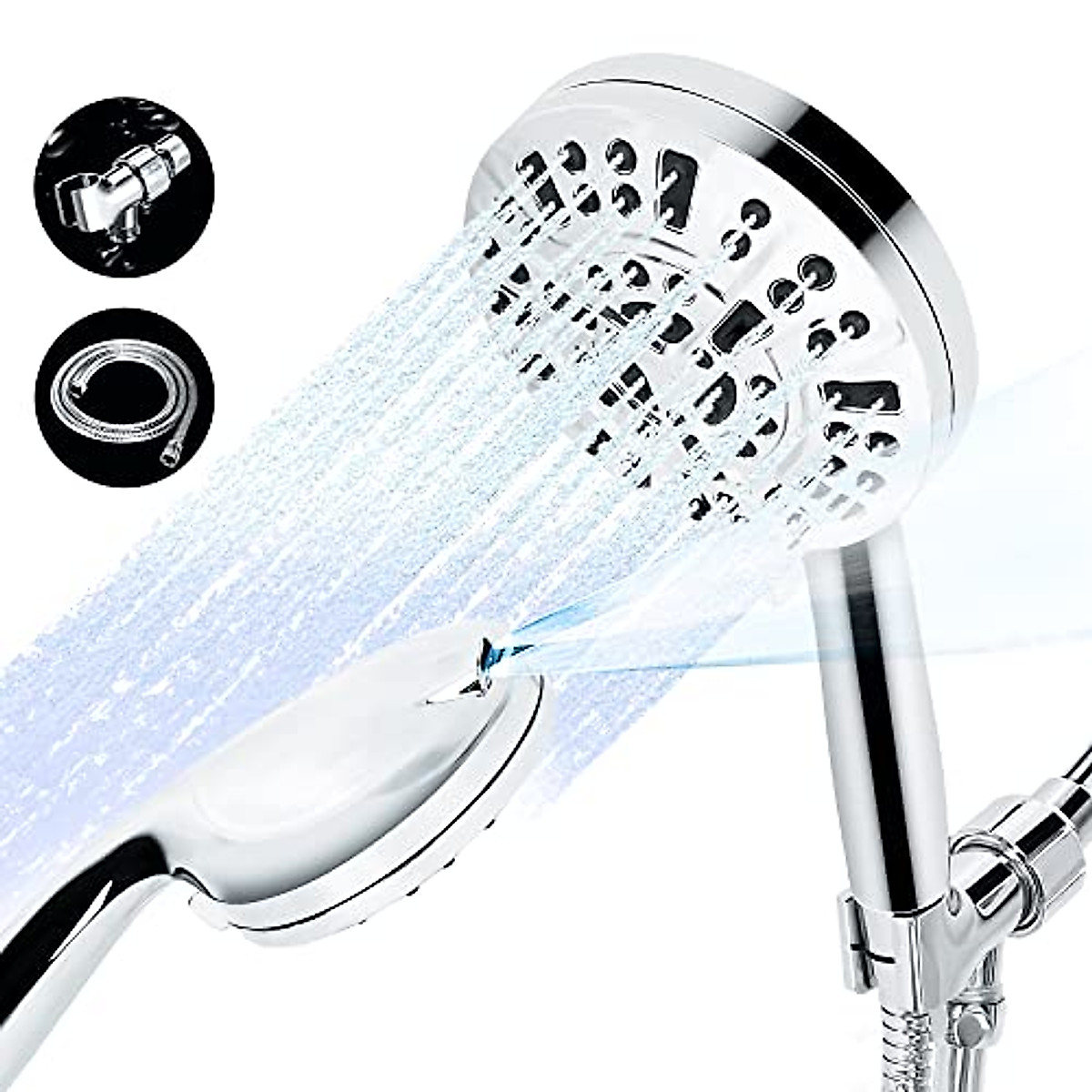 NIKISHAP 10-Mode Shower Head with High Pressure, Polished Finish, Handheld Design, Adjustable Bracket, 5 Ft Hose, and Built-in Power Wash to Clean Tub, Tile, and Pets