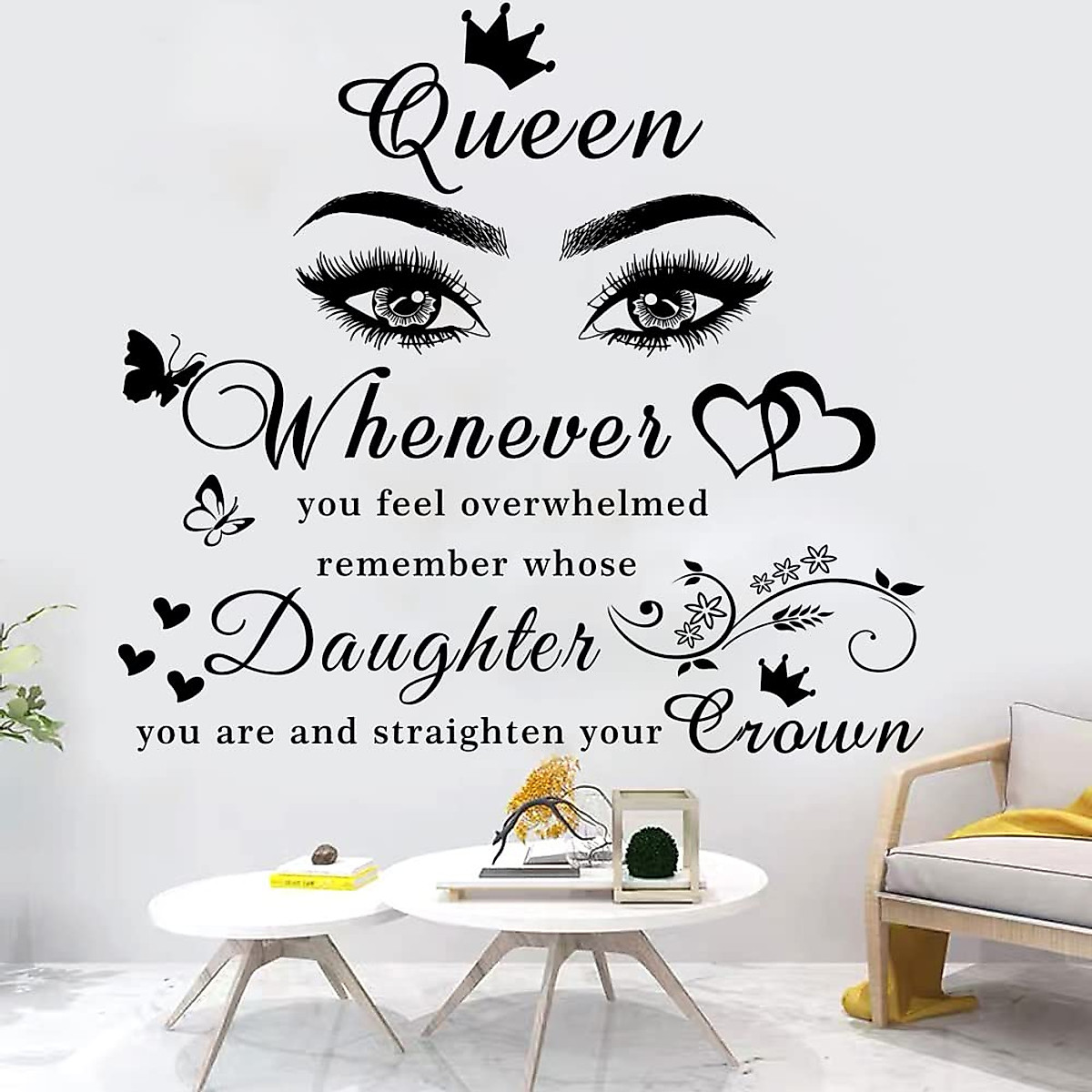 Girls Inspirational Wall Stickers Wall Art Quote Queen Wall Decals Positive Motivational Butterfly Decor Eyes Wall Sticker for Women Girls Bedroom Living Room Beauty Salon Home Decor.