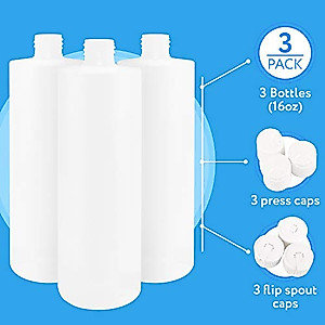 IMPRESA 3 Pack 16oz Plastic Bottle with 6 Caps in 2 Styles - BPA Free Latex-Free, Food-Grade, Great for Shampoo, Body Wash, Sauce and More