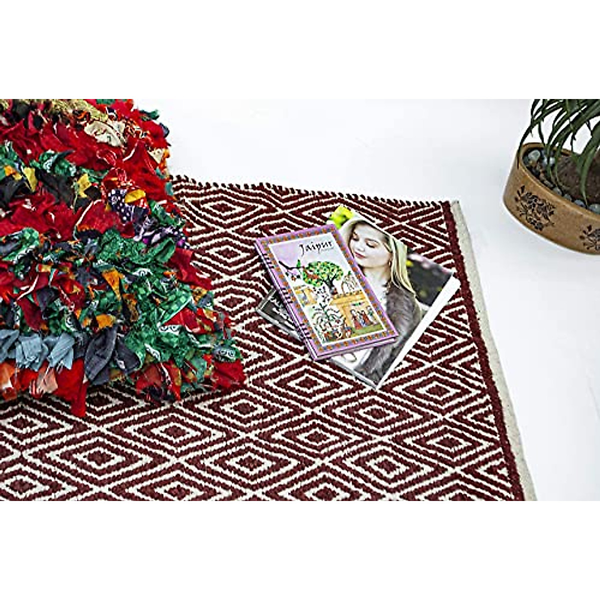 Chardin home 100% Cotton Diamond 3x5 Area Rug Fully Reversible, Machine Washable, Brick Red-Ivory