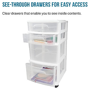 Homz Clear Plastic 4 Drawer Medium Home Organization Storage Container Tower w/2 Large and 2 Small Drawers, and Removeable Caster Wheels, White Frame