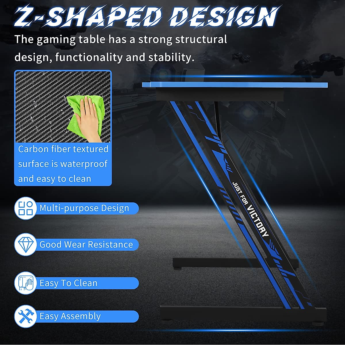 47" Gaming Desk Z Shaped Gaming Table Large Home Office Desks PC Computer Desk Workstation Ergonomic Gamer Table Writing Desk with Headphone Hook for Game Player Boyfriend Gift, Blue