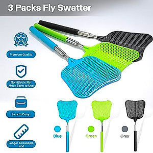 Fly Swatters-Begonia Telescopic Flyswatter Heavey Duty Set with Stainless Steel Extendable Handles for Indoor/Outdoor/Classroom/Office (3 Pack)