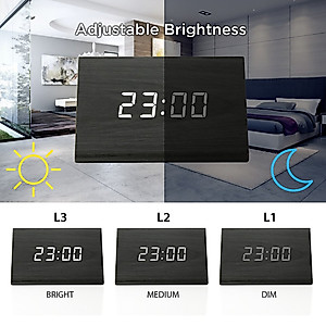 OCT17 Wooden Wood Clock, New Version LED Alarm Digital Desk Clock Adjustable Brightness, Alarm Time, Displays Time Date Temperature - Black