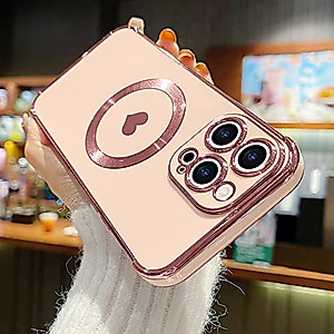 L-FADNUT Magnetic Case for iPhone 14 Pro Max Women Girls Luxury Plating Cute Love Heart Soft Back Cover Full Camera Lens Protection MagSafe Phone Case iPhone 14 Pro Max Case Pink