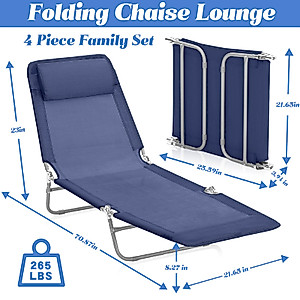 Suzile 4 Pack Folding Chaise Lounge Chair Tanning Chairs with Adjustable 5 Position and Pillow Waterproof Breathable Mesh Steel Frame Pool Sun Tanning Chair for Beach Yard Patio Lawn(Navy Blue)