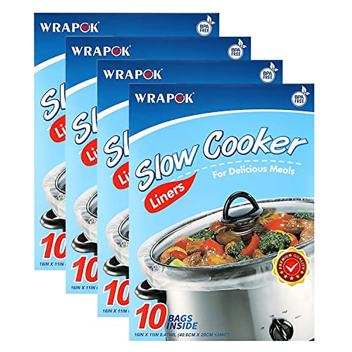 WRAPOK Slow Cooker Liners Kitchen Disposable Cooking Bags BPA Free for Oval or Round Pot, Small Size 11 x 16 Inch, Fits 1 to 3 Quarts - 4 Pack (40 Bags Total)