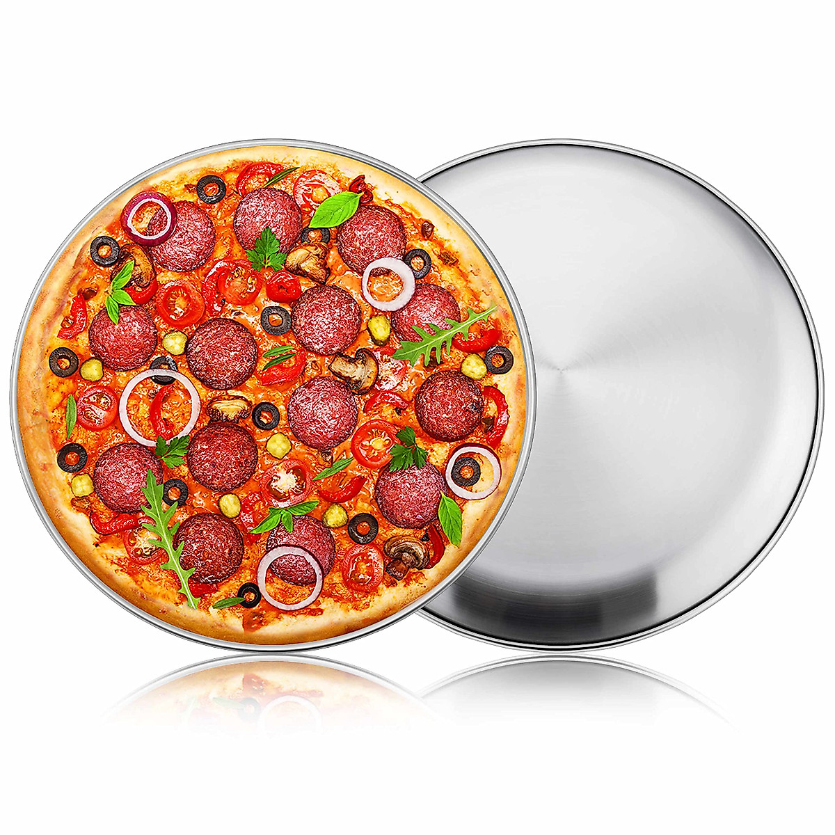 Herogo 13.5 Inch Stainless Steel Round Pizza Pan Set of 2, Large Healthy Pizza Tray Platter for Oven Baking Serving, Dishwasher Safe