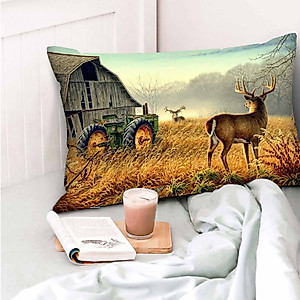 Mugod Throw Pillow Case Deer and Old Log House Tractor,Waist Lumbar Cushion Cover Sofa Home Decorative Rectangle Oblong 20x30 Inches