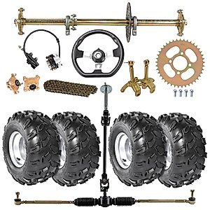 YC Yier 32" Go Kart Rear Live Axle Kit, 8" Complete Wheels Tires, 428 Sprocket, 4 Stud Hubs, Brakes, Front Steering Wheel Gear Rack Shaft Assembly for DIY Drift Trike Parts Golf Cart ATV Quad Buggy