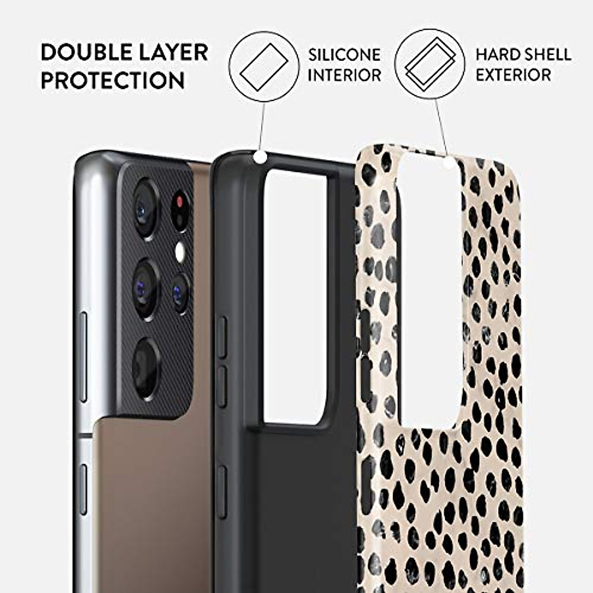BURGA Phone Case Compatible with Samsung Galaxy S21 Ultra - Hybrid 2-Layer Hard Shell + Silicone Protective Case -Black Polka Dots Pattern Nude Almond Latte - Scratch-Resistant Shockproof Cover