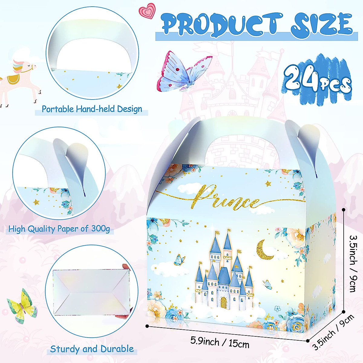 Princess and Prince Treat Boxes Pink Princess Boxes Blue Prince Castle Gift Boxes Little Princess Crown Goodie Boxes Royal Prince Cardboard Boxes for Boy Girl Birthday (Prince and Princess, 24 Pcs)