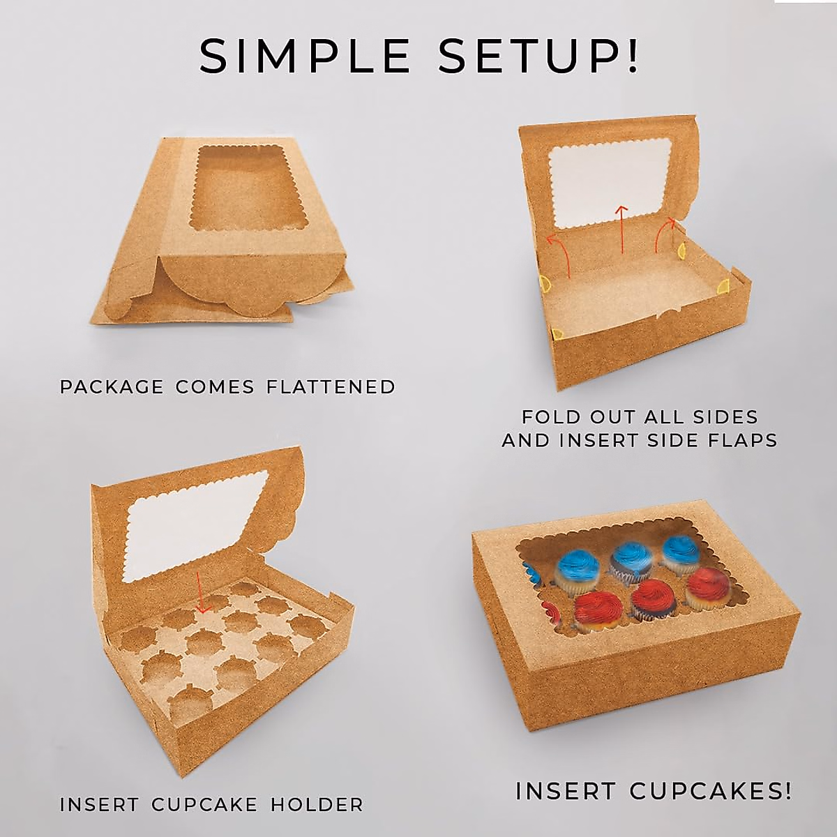 Tectonic Key 5 pack Kraft Brown Disposible Cupcake Box Carrier Containers with 5 inserts 12.9 x 9.34 x 4in with PVC clear Window Recycleble Holds Cupcakes, Muffins, and many Bakery pasteries