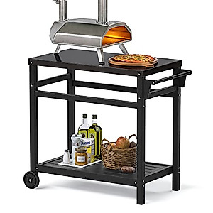 Outdoor Prep Dining Table,Movable Pizza Oven Stand, Stainless Steel Patio Bar Cart,Patio Grilling Backyard BBQ Grill Cart,Dark Gray Tabletop（Black）