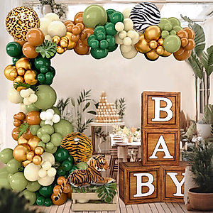 Baby Boxes Safari Baby Shower Decorations for Boy Girl, Safari Balloons Arch Kit with Wood Grain Brown Blocks with BABY Letter for Dinosaur Wild One Birthday Decorations for Boys