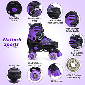 Kids Roller Skates for Girls, Purple Adjustable Rollerskates with Light Up Wheels for Big Kids Ages 6-12 7 8 9 10, Beginners Outdoor Sports, Best Birthday Gift for Kids