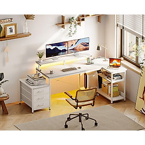 AODK L Shaped Gaming Desk with Drawers, Reversible Corner Computer Desk with LED Lights & Power Outlets, Large Home Office Desk withMonitor Stand & Storage Shelf, 58Inch - 71Inch, White