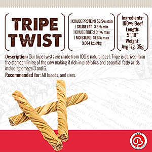 Best Dog Chews Tripe Twists 100% Natural Delicious and Rich in Protein Long Lasting Crunchy Treats Beef Jerky, Bully Sticks for All Breed Sizes Dogs and Puppies - 10 inch (6 Count)