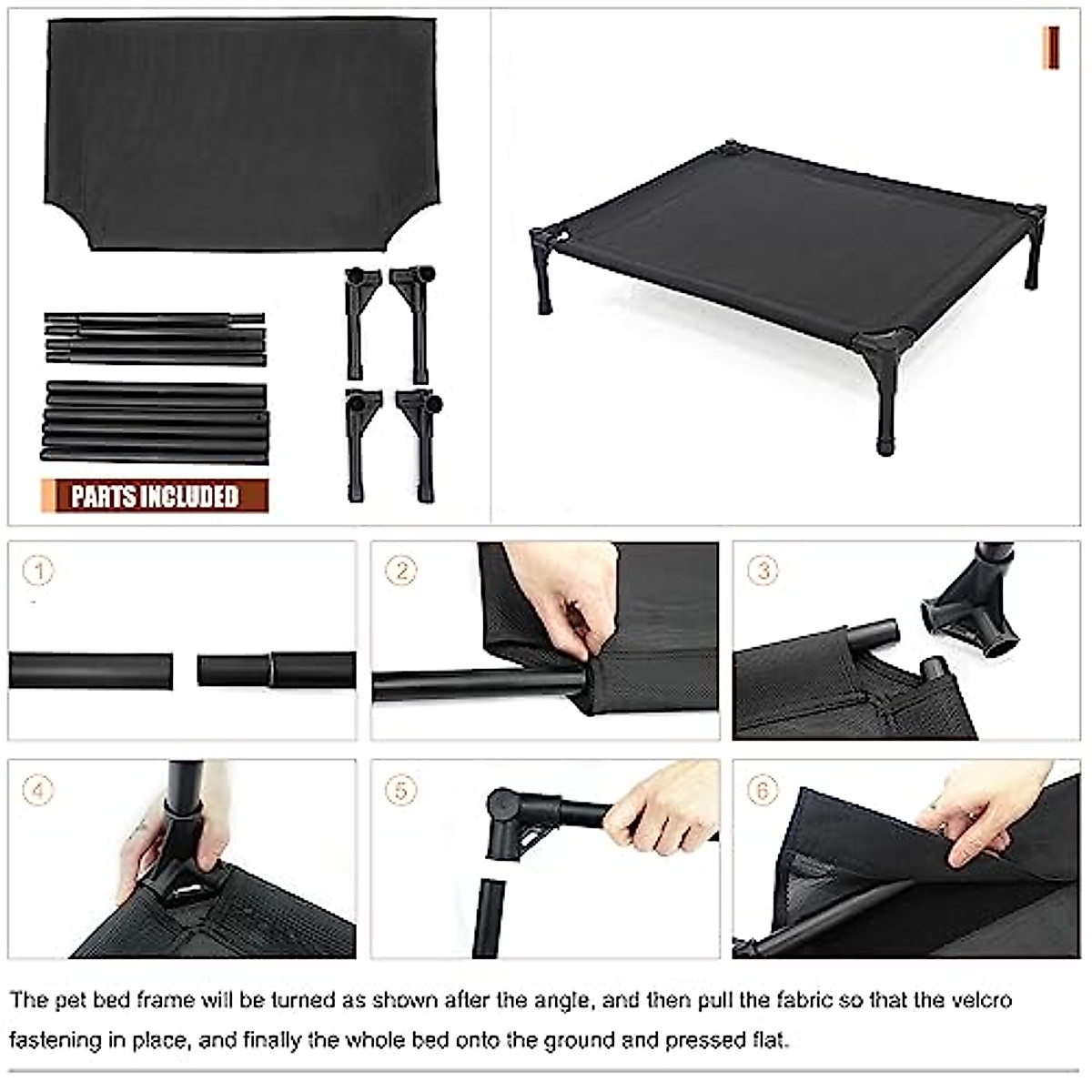 Garnpet Elevated Dog Bed for Extra Large Dogs, Raised Dog Cot Beds Fits Up to 150 LBs, Heavy Duty Pet Cots with Durable Supportive Teslin Recyclable Washable Mesh, Indoor & Outdoor Dog Bed, Black