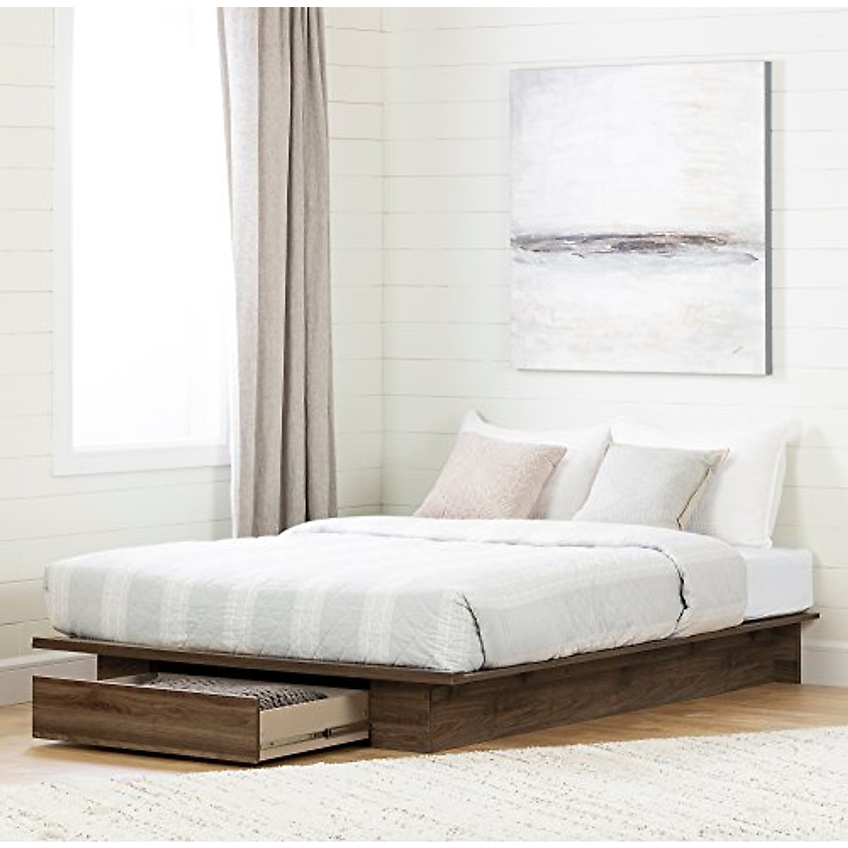 South Shore Tao Platform Bed with Drawer, Full/Queen, Natural Walnut
