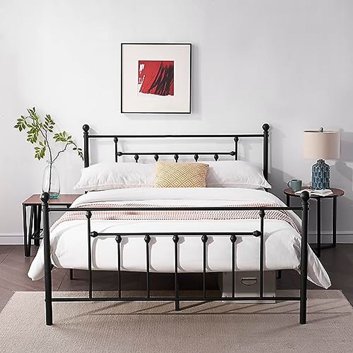 VECELO Full Size Metal Platform Bed Frame with Headboard and Footboard, Heavy Duty Slat Support/No Box Spring Needed Mattress Foundation/Underbed Storage Space, Victorian Style, Black