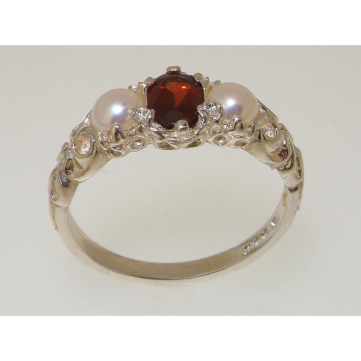 LetsBuyGold 925 Sterling Silver Real Genuine Garnet & Cultured Pearl Womens Band Ring - Size 12