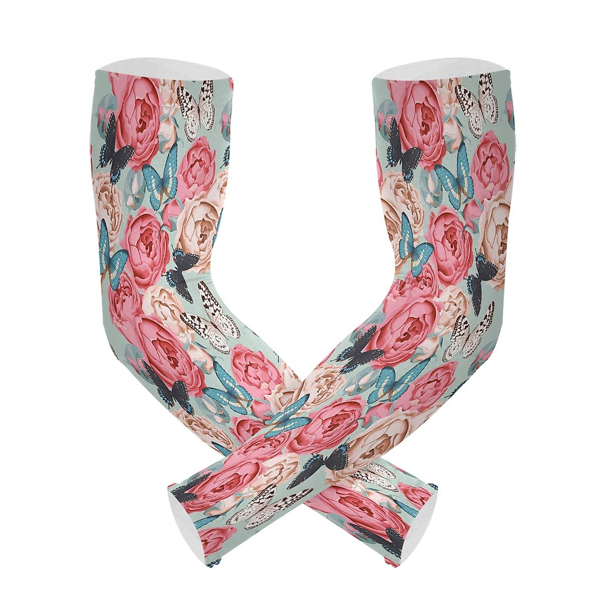 WELLDAY Peony Flower Butterfly Gardening Sleeves with Thumb Hole UV Sun Protection Farm Sleeves for Women Men