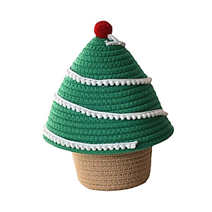 Storage Basket with Lid, Small Rope Basket with Lid, Christmas Tree Design Cotton Rope Woven for Bedroom, Desktop, Bedside, Green