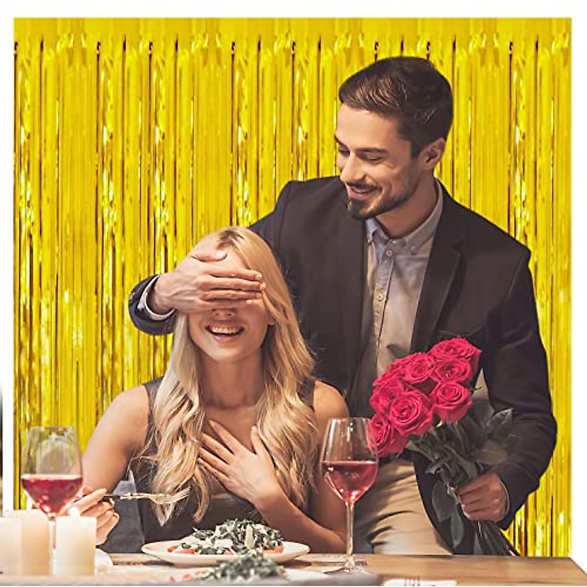 Yilistore 2 Pack Feet Foil Fringe Curtain,Streamer Backdrop,Metallic Tinsel Streamer Curtains for Party Decoration (6.6 * 6.6 Feet, Gold)