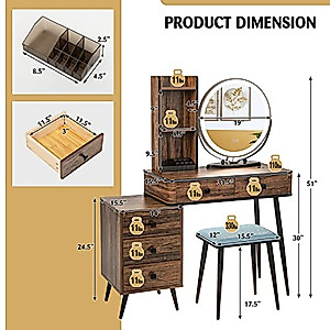 CHARMAID Vanity Table Set with 3-Color Dimmable Lighted Mirror, Human Body Induction, Side Cabinet, 2 Drawers, Storage Shelves, Dressing Table Makeup Desk with Stool for Girls Women (Rustic Brown)