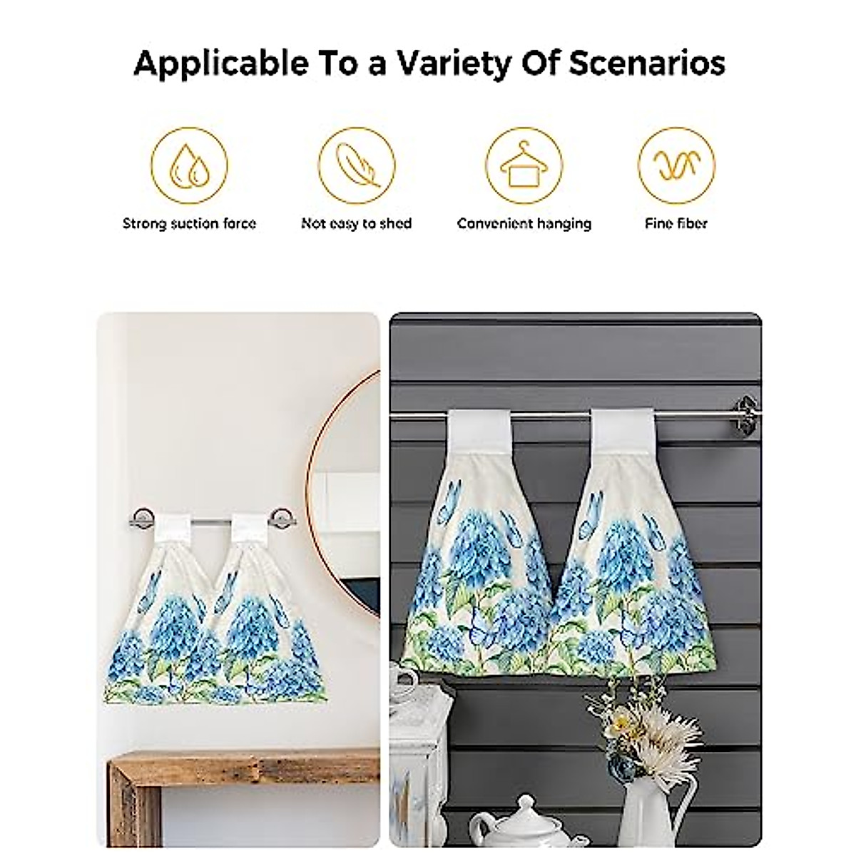 Big buy store Hanging Kitchen Towels Summer Hydrangea Flower Bathroom Hand Towels with Hanging Loop Butterfly Blue Floral Soft Absorbent Drying Dish Tie Towels for Kitchen Toilet Tabletop Home Decor