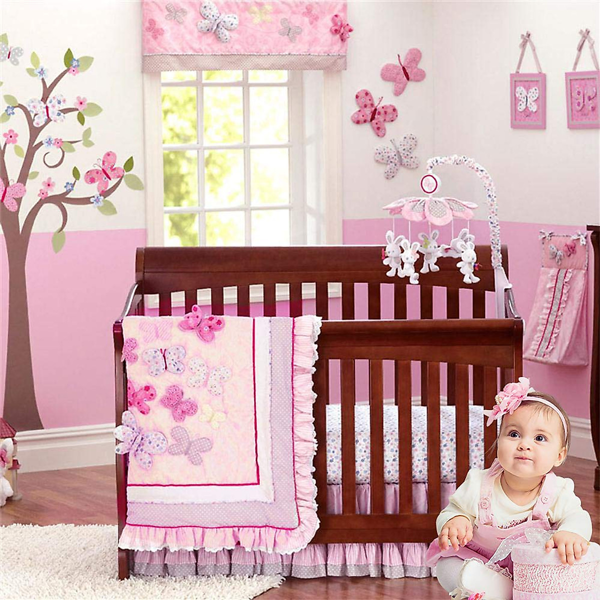 Brandream Pink Butterfly Floral Crib Bedding Set for Girls | 4 Piece Nursery Set | Comforter, Fitted Sheet, Skirt, Diaper Stacker Included